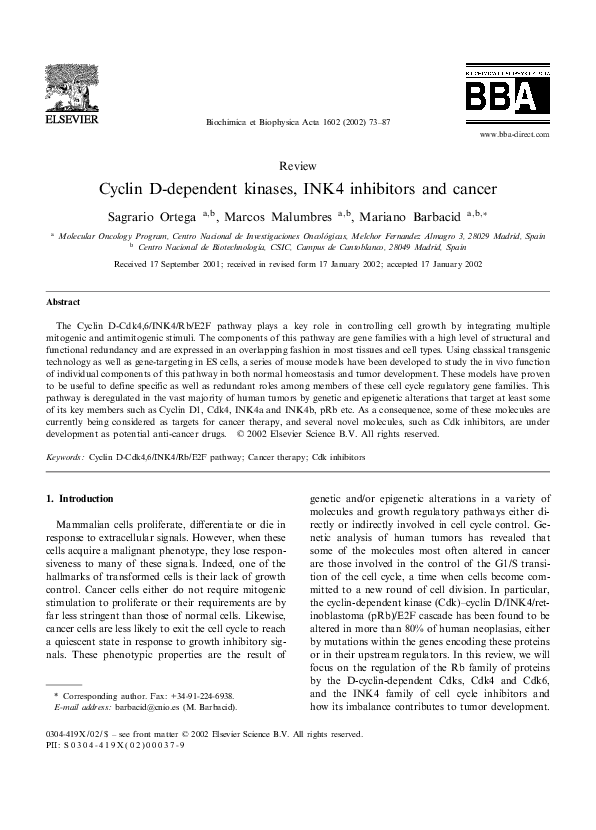 (PDF) Cyclin D-dependent kinases, INK4 inhibitors and cancer