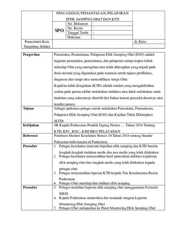 (DOC) 8.2.4.3 SPO PENCATATAN, PEMANTAUAN, PELAPORAN EFEK SAMPING OBAT ...