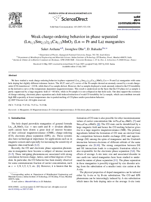 (PDF) Weak charge-ordering behavior in phase separated (Ln1/3Sm2/3)2/3Ca1/3MnO3 (Ln=Pr and La ...