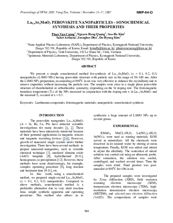 (PDF) La1-xSrxMnO3 PEROVSKITE NANOPARTICLES-SONOCHEMICAL SYNTHESIS AND THEIR PROPERTIES