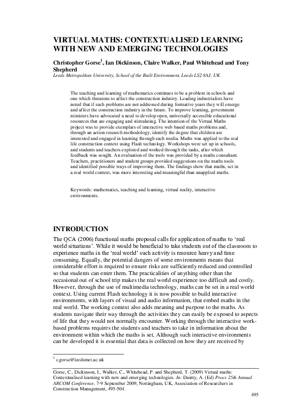 (PDF) VIRTUAL MATHS: CONTEXTUALISED LEARNING WITH NEW AND EMERGING ...