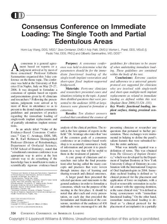 (PDF) Consensus Conference on Immediate Loading: The Single Tooth and ...