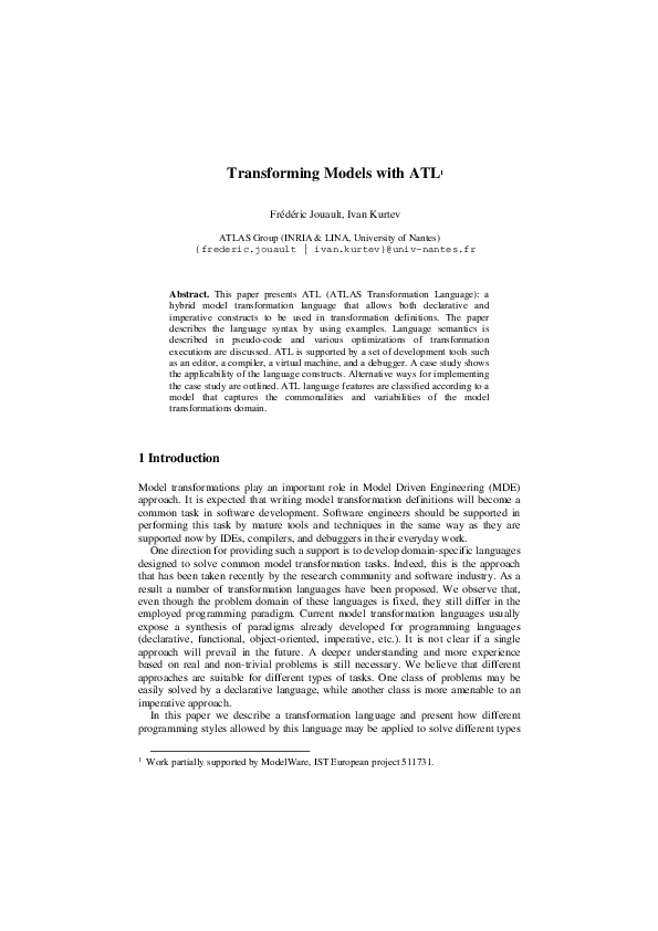 (PDF) Transforming Models with ATL