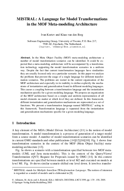 (PDF) MISTRAL: A Language for Model Transformations in the MOF Metamodeling Architecture