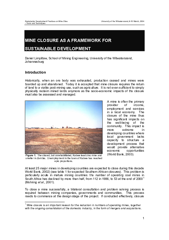 (PDF) MINE CLOSURE AS A FRAMEWORK FOR SUSTAINABLE DEVELOPMENT