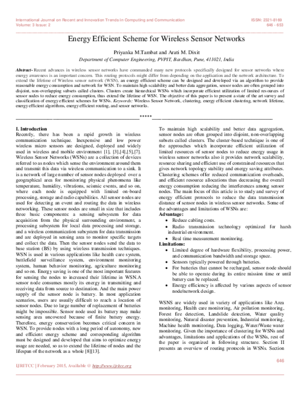 Pdf Energy Efficient Scheme For Wireless Sensor Networks