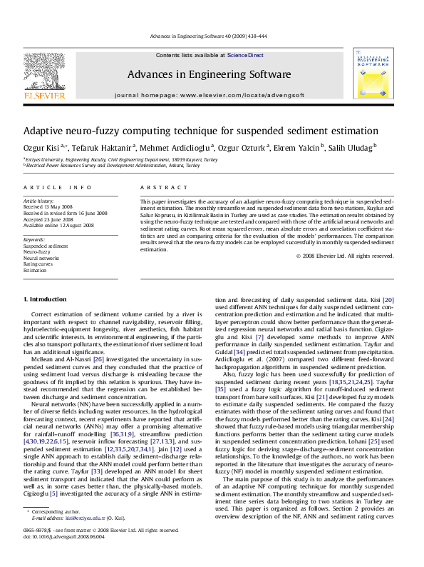 (PDF) Adaptive neuro-fuzzy computing technique for suspended sediment estimation