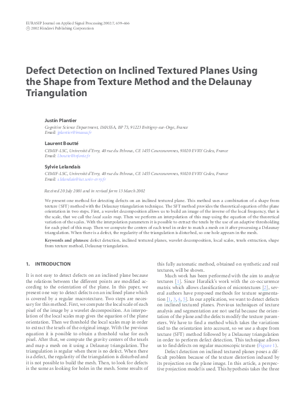(PDF) Defect Detection on Inclined Textured Planes Using the Shape from Texture Method and the ...