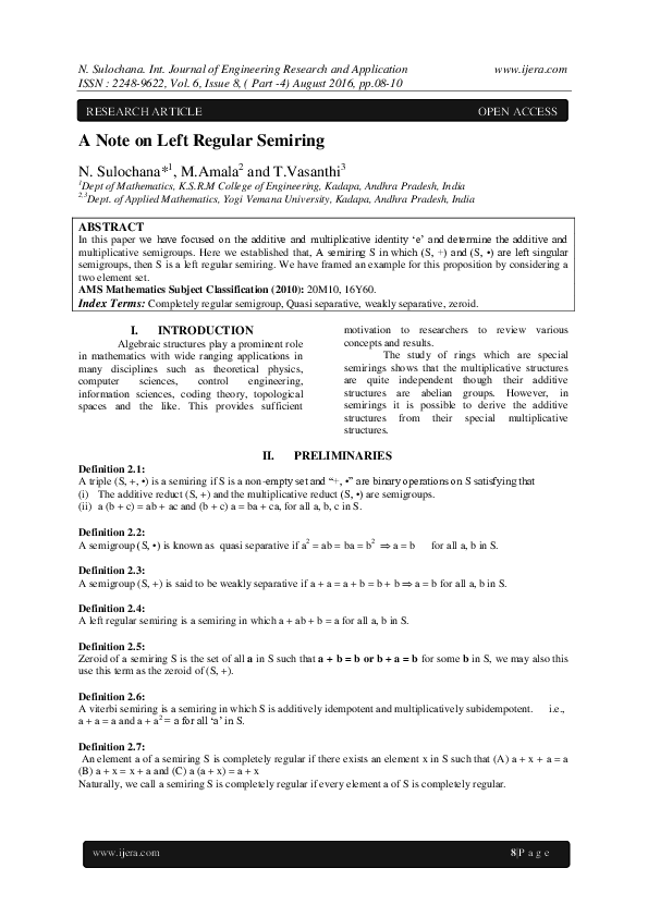 (PDF) A Note on Left Regular Semiring