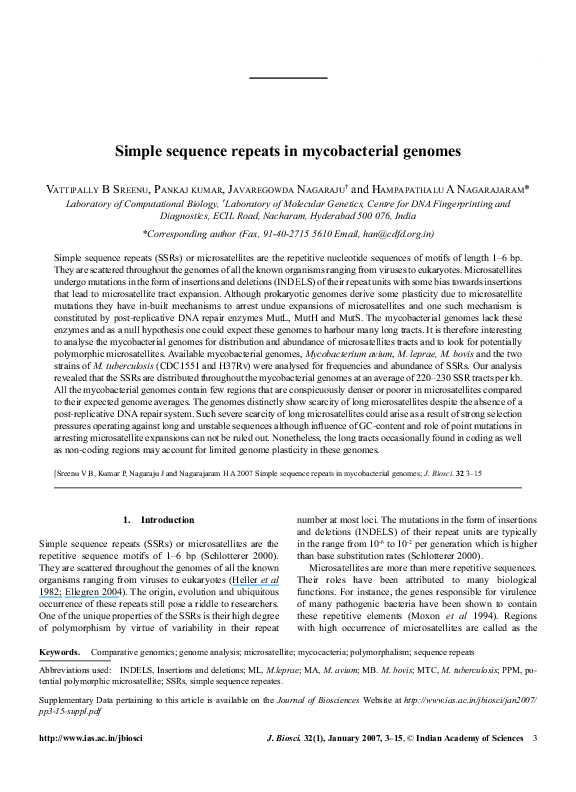 (PDF) Simple sequence repeats in mycobacterial genomes