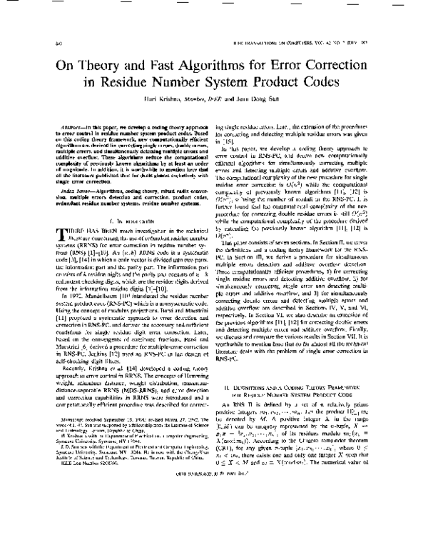 Pdf On Theory And Fast Algorithms For Error Correction In Residue Number System Product Codes