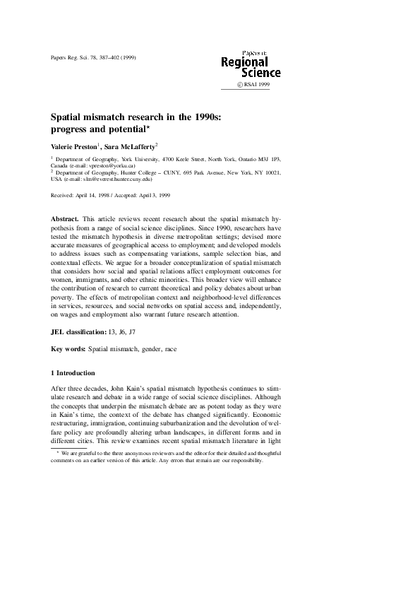 (PDF) Spatial mismatch research in the 1990s: progress and potential
