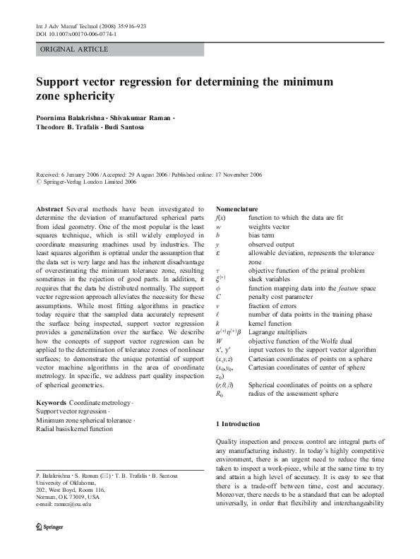 (PDF) Support vector regression for determining the minimum zone sphericity
