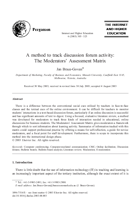 (PDF) A method to track discussion forum activity: The Moderators ...