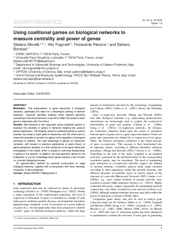 (PDF) Using coalitional games on biological networks to measure centrality and power of genes ...