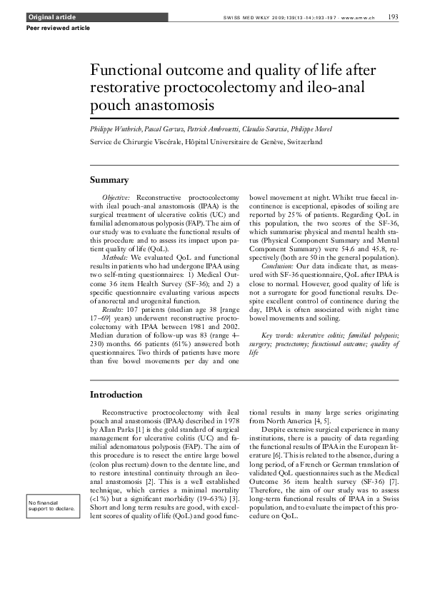 Pdf Functional Outcome And Quality Of Life After Restorative Proctocolectomy And Ileo Anal