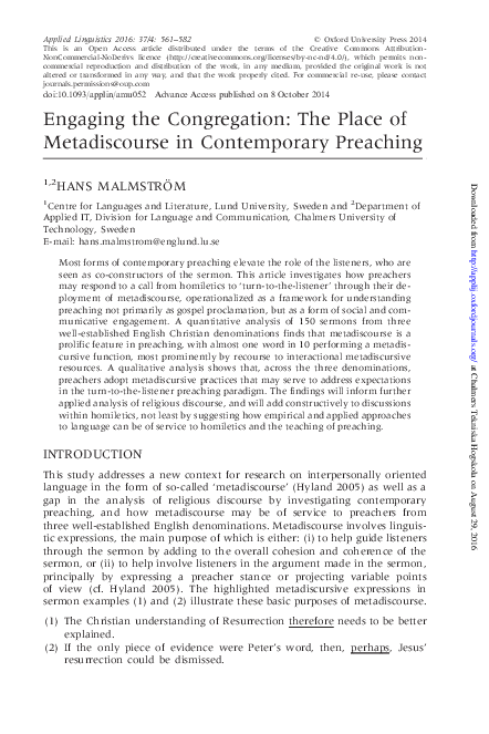 (PDF) Engaging the Congregation: The Place of Metadiscourse in ...