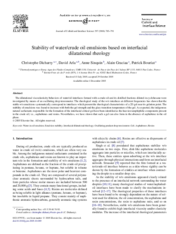 (PDF) Stability of water/crude oil emulsions based on interfacial ...
