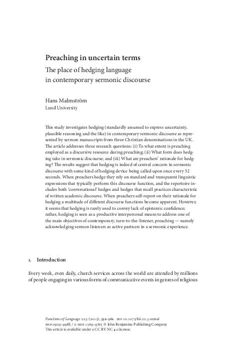 (PDF) Preaching in uncertain terms: The place of hedging language in ...