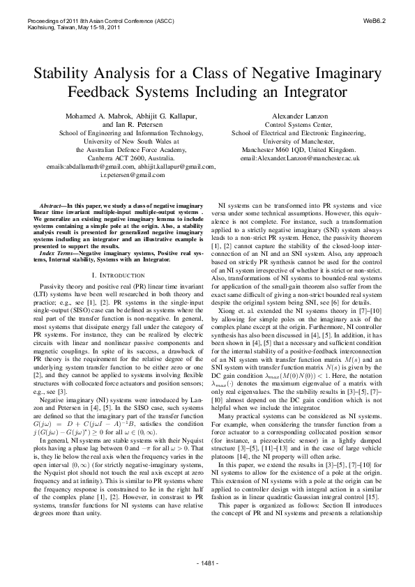 (PDF) Stability analysis for a class of negative imaginary feedback systems including an integrator