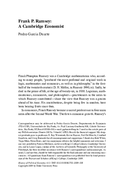 (PDF) Frank P. Ramsey: A Cambridge Economist