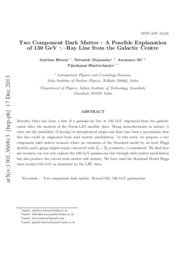 (PDF) Two component dark matter: a possible explanation of 130 GeV γ ...