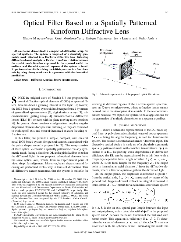 (PDF) Optical Filter Based on a Spatially Patterned Kinoform Diffractive Lens