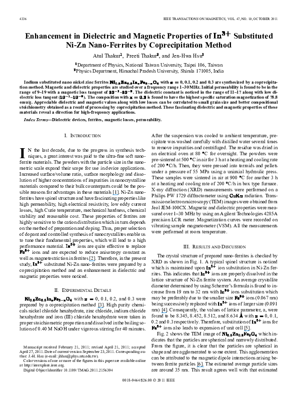 (PDF) Enhancement in Dielectric and Magnetic Properties of ${\rm In}^{3+}$ Substituted Ni-Zn ...