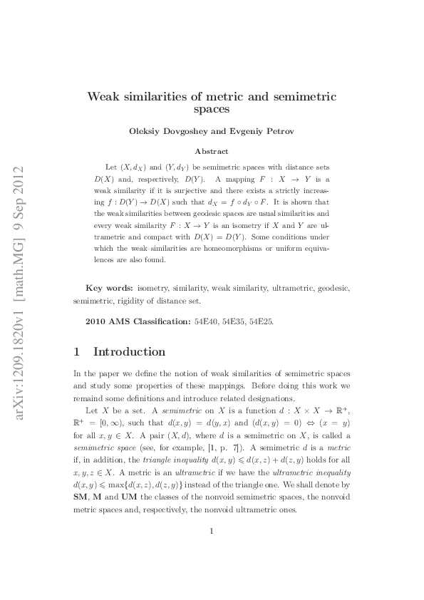 (PDF) Weak similarities of metric and semimetric spaces