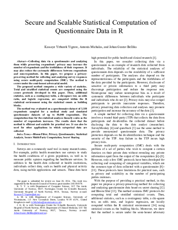 Pdf Secure And Scalable Statistical Computation Of Questionnaire Data