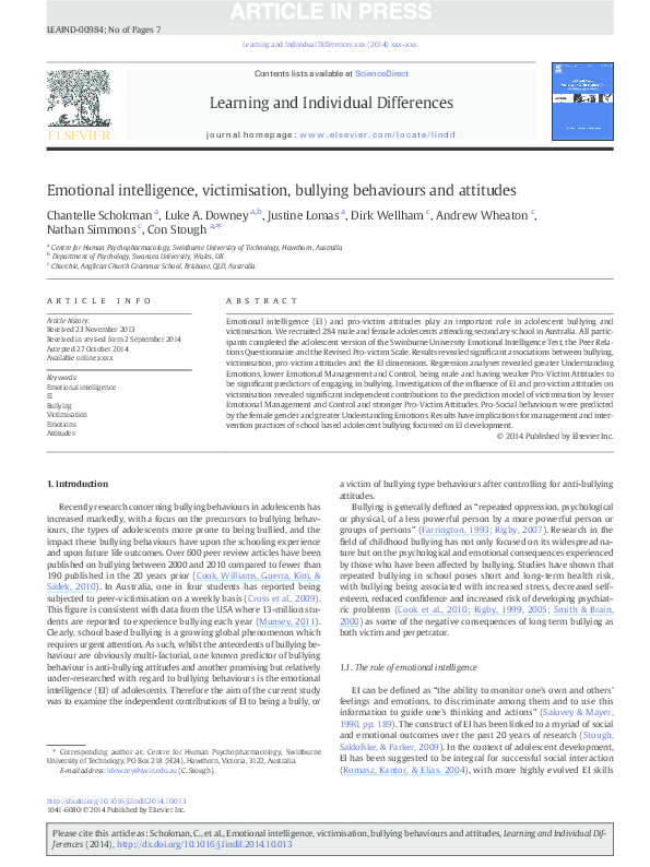(PDF) Emotional intelligence, victimisation, bullying behaviours and ...