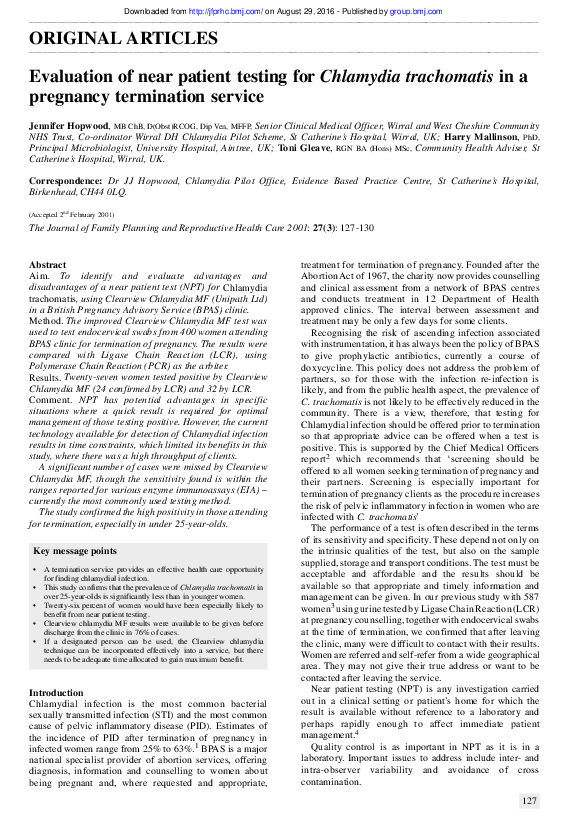 (PDF) Evaluation of near patient testing for Chlamydia trachomatis in a ...