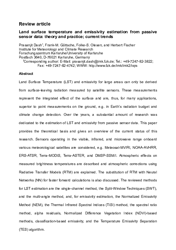 Doc Land Surface Temperature And Emissivity Estimation From Passive Sensor Data Theory And