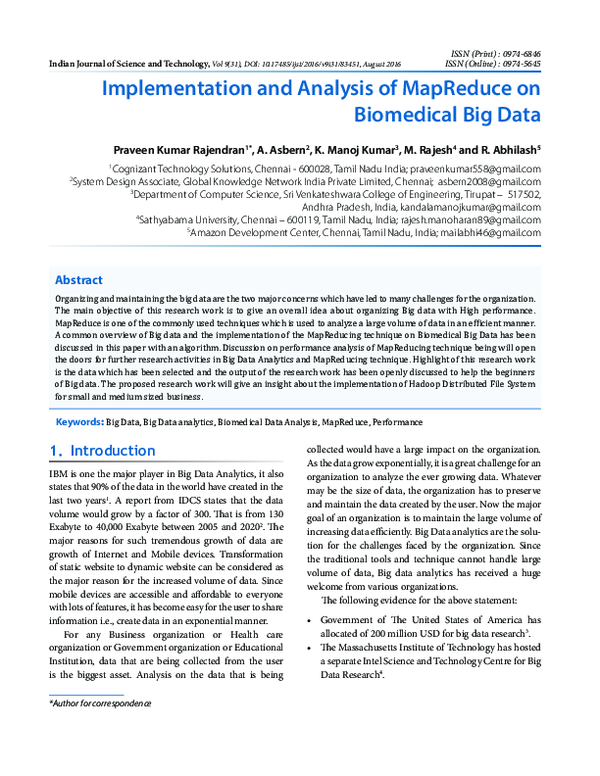 (PDF) Implementation and Analysis of MapReduce on Biomedical Big Data