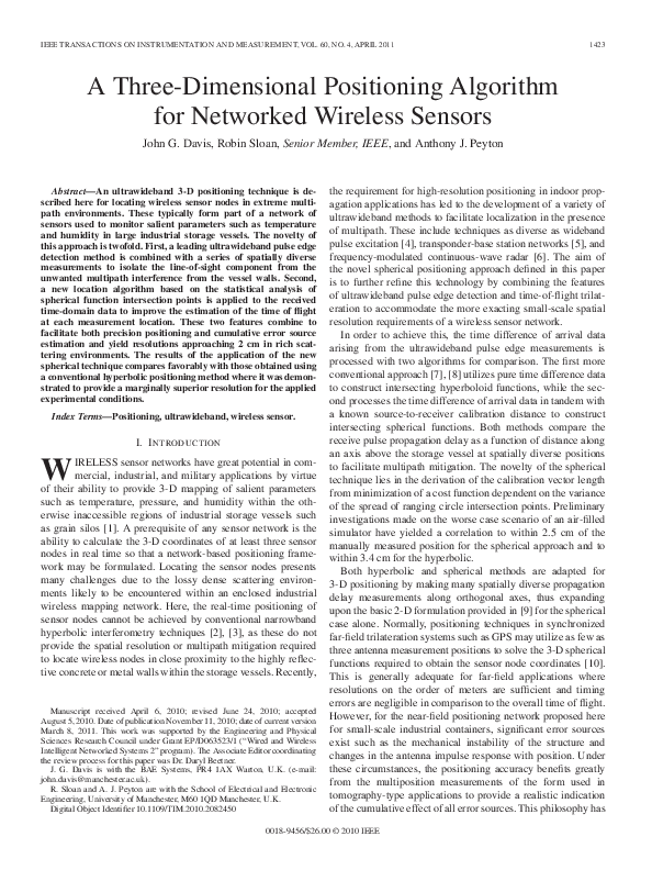 (PDF) A Three-Dimensional Positioning Algorithm for Networked Wireless Sensors
