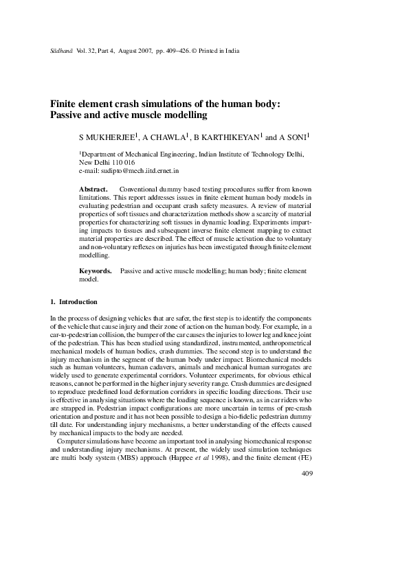 (PDF) Finite element crash simulations of the human body: Passive and active muscle modelling