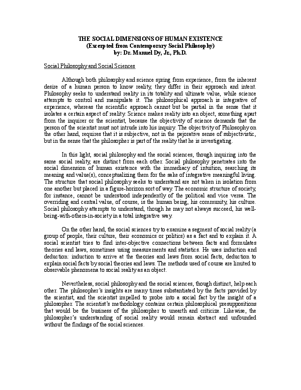 (DOC) THE SOCIAL DIMENSIONS OF HUMAN EXISTENCE (Excerpted from ...