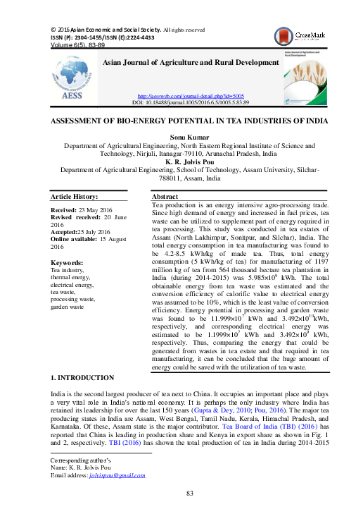 (PDF) ASSESSMENT OF BIO-ENERGY POTENTIAL IN TEA INDUSTRIES OF INDIA
