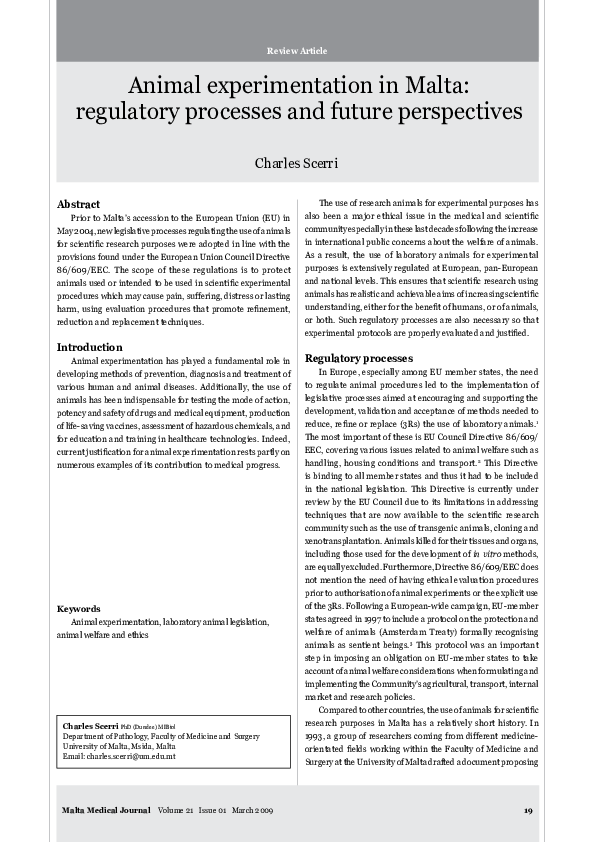 (PDF) Animal experimentation in Malta: regulatory processes and future ...