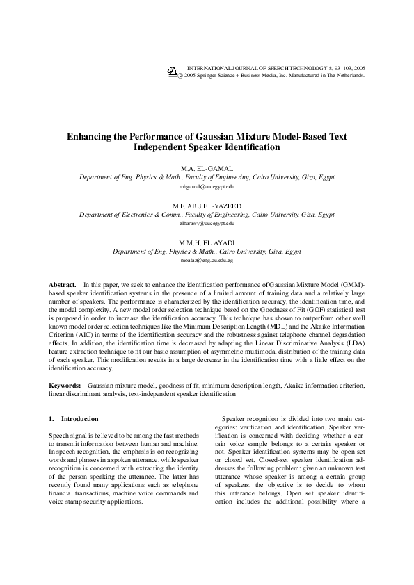 Pdf Enhancing The Performance Of Gaussian Mixture Model Based Text Independent Speaker