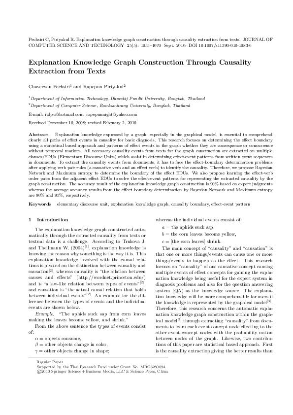 (PDF) Explanation Knowledge Graph Construction Through Causality Extraction from Texts