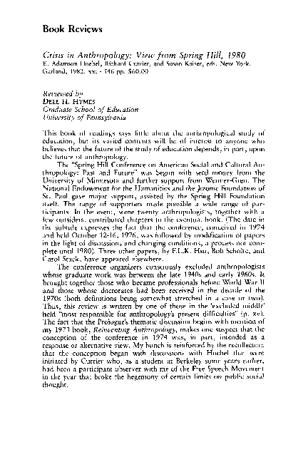 (PDF) Crisis in Anthropology: View from Spring Hill, 1980 E. Adamson ...