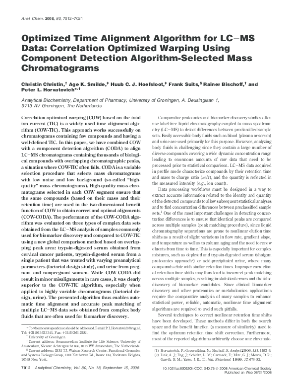 Pdf Optimized Time Alignment Algorithm For Lcms Data Correlation Optimized Warping Using 8394