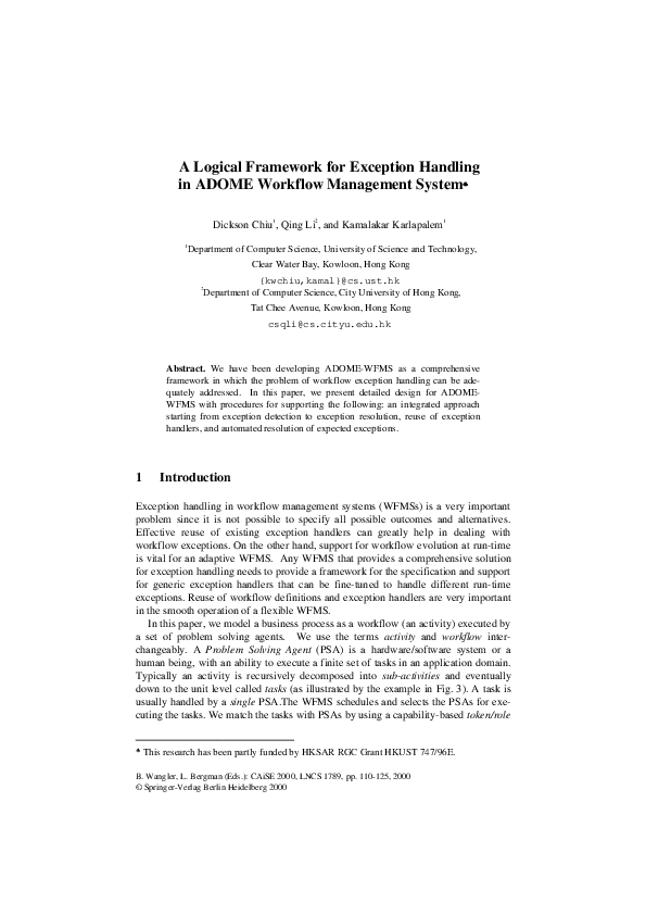 (PDF) A Logical Framework for Exception Handling in ADOME Workflow Management System