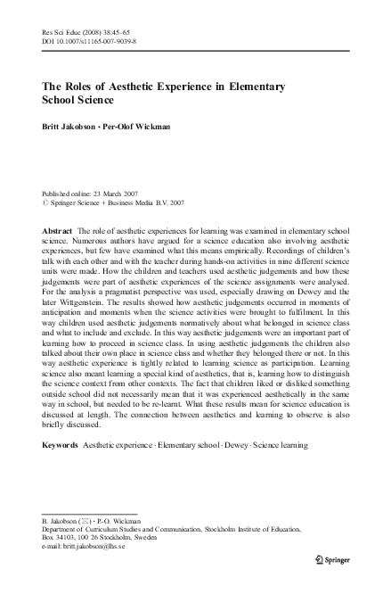 (PDF) The Roles of Aesthetic Experience in Elementary School Science