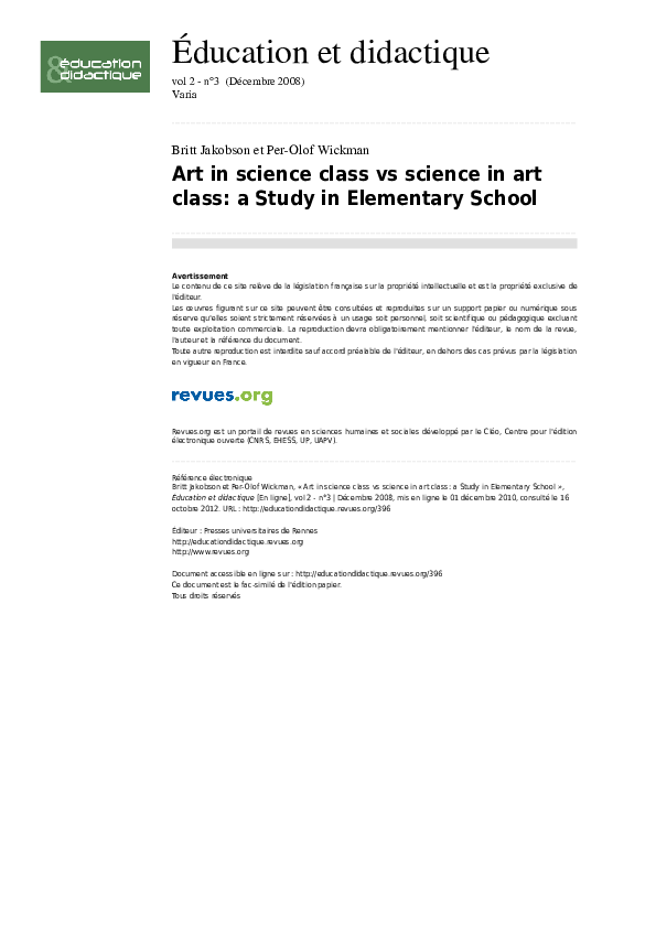 (PDF) Art in science class vs science in art class: a Study in ...