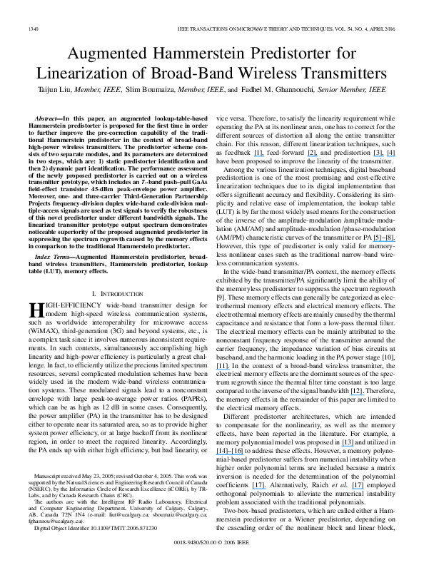 (PDF) Augmented hammerstein predistorter for linearization of broad-band wireless transmitters ...