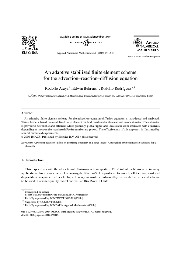 (PDF) An adaptive stabilized finite element scheme for the advection–reaction–diffusion equation