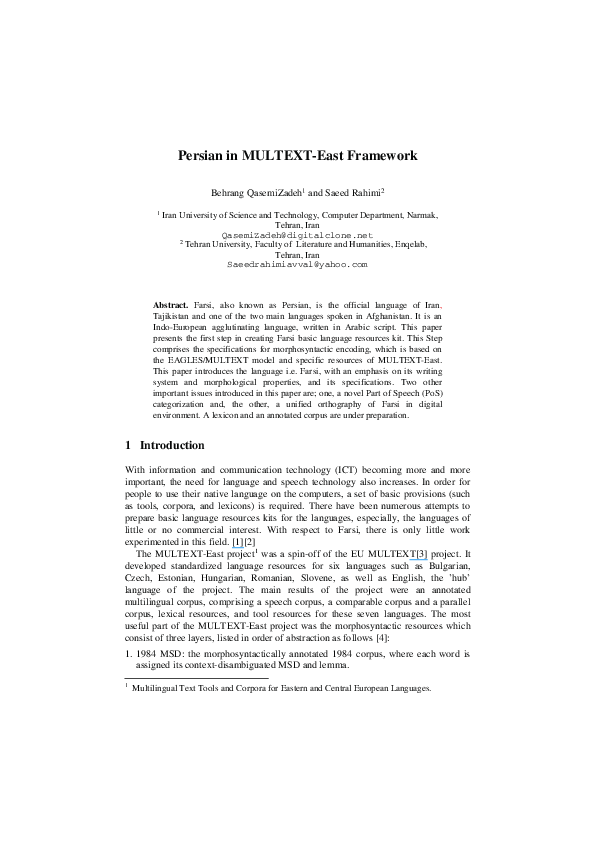 (PDF) Persian in MULTEXT-East Framework