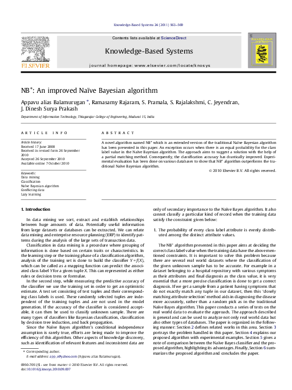 Pdf Nb An Improved Naïve Bayesian Algorithm